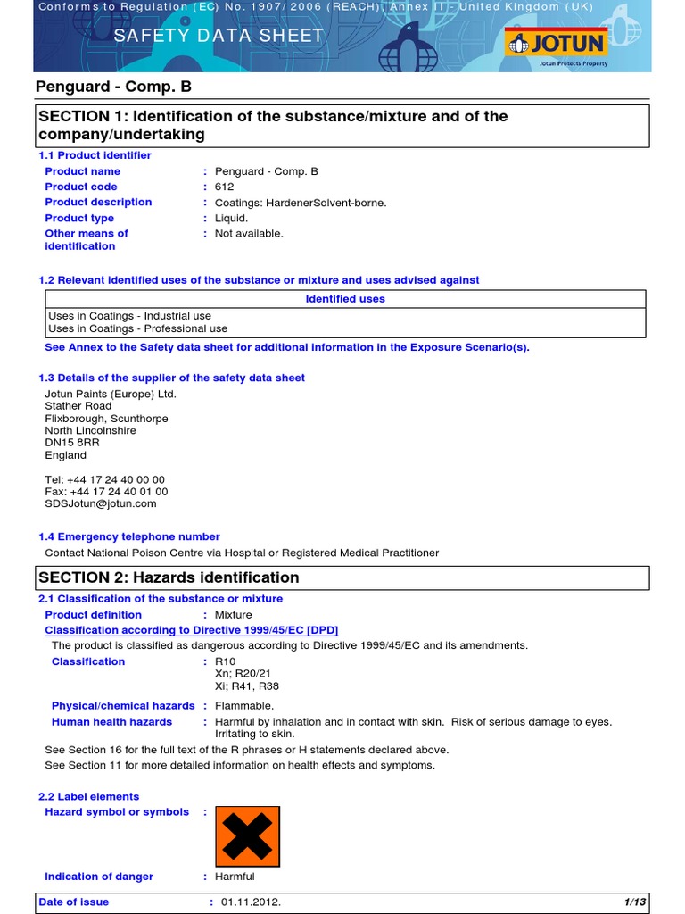 Penguard Comp. B Safety Data Sheet | PDF | Toxicity | Personal ...