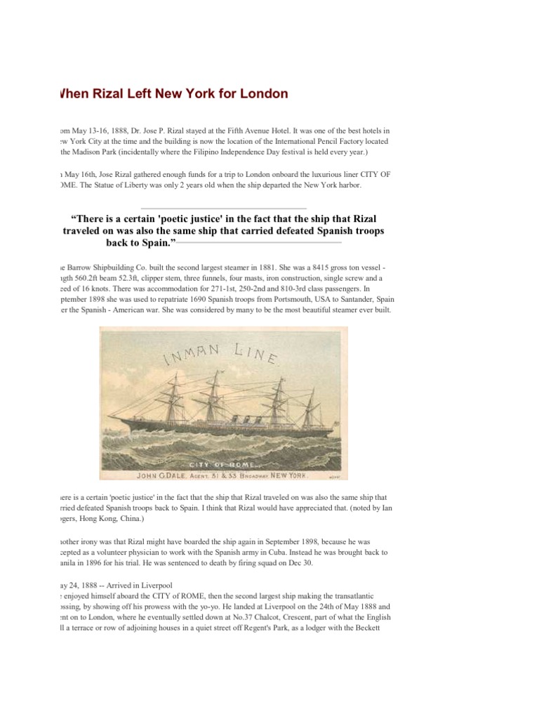 Dr. Jose Rizal's 1888 Trip from New York to London aboard the CITY OF ...