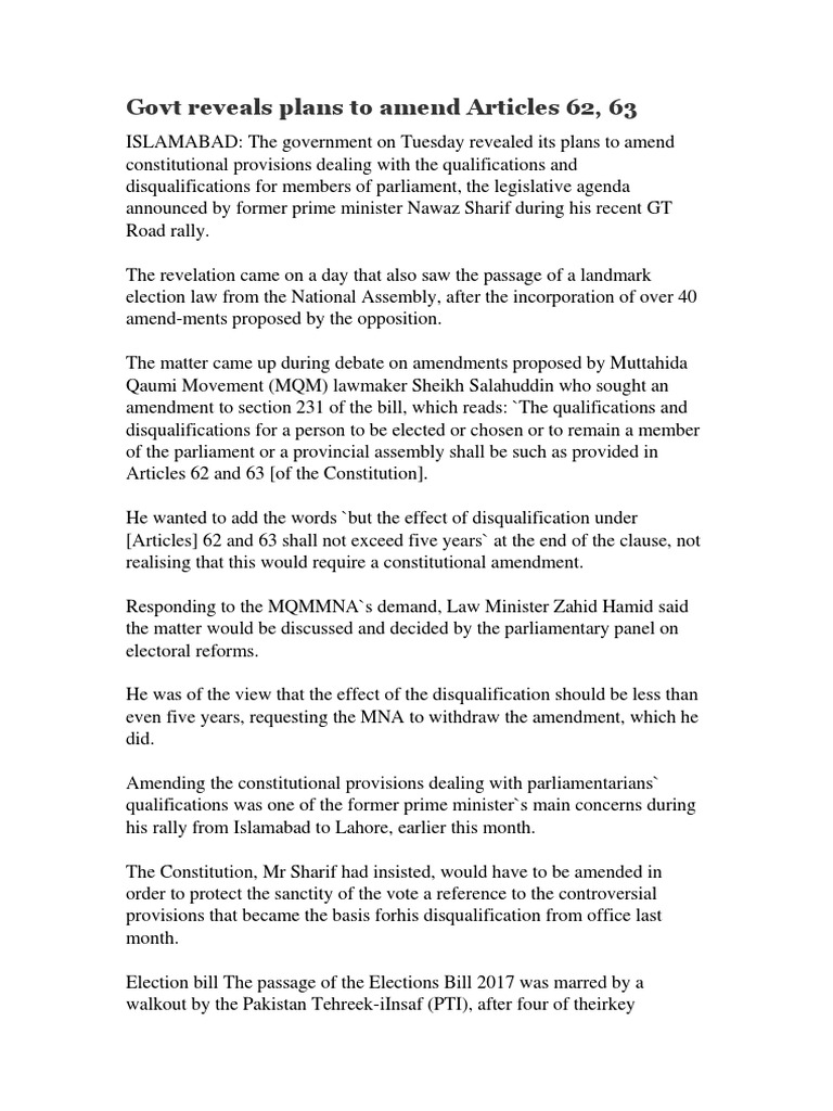 Front Page Article 62 63 | PDF | Member Of Parliament | Constitutional Amendment