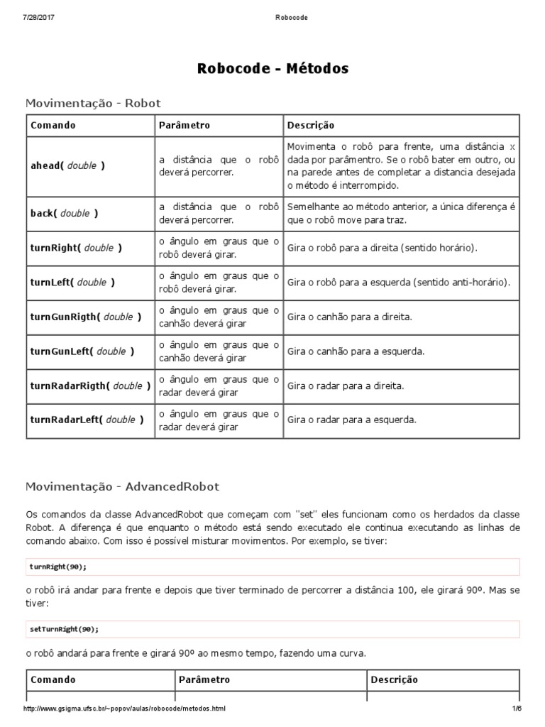 Comando Robocode | PDF | Robô | Robótica