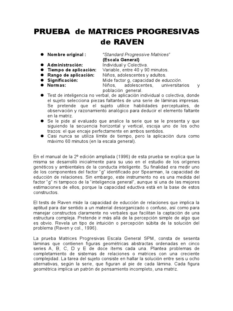 Prueba Matrices Progresivas de Raven | PDF | Percepción | Matriz ...