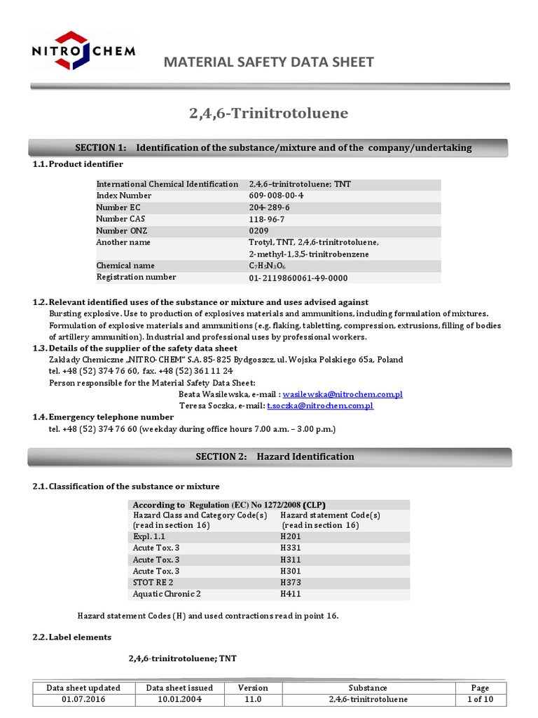 Trinitrotoluene (TNT) Safety Data Sheet | PDF | Toxicity | Explosive ...