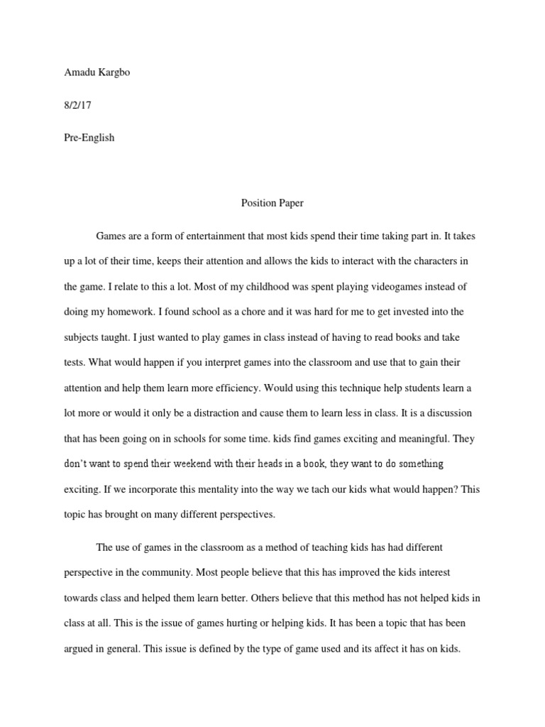Position Paper | PDF | Classroom | Video Games
