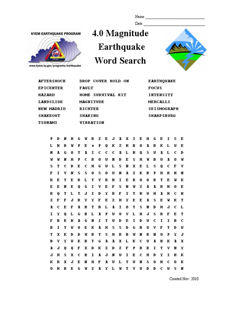 4.0 Magnitude Earthquake Word Search | PDF