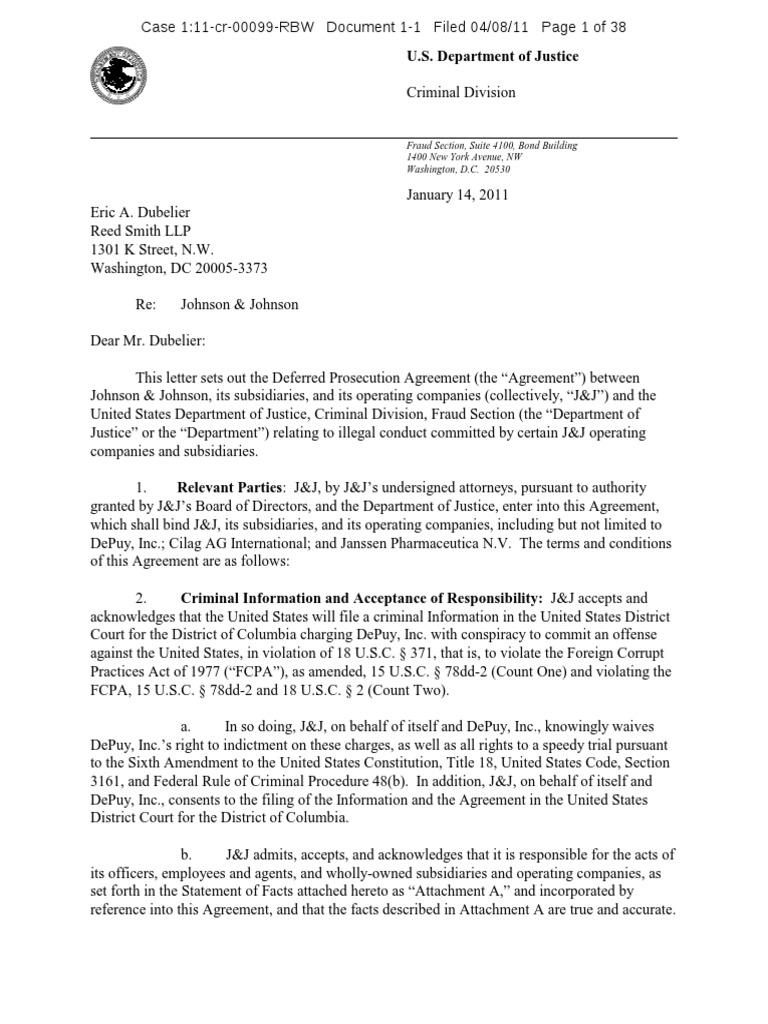 2011 Johnson & Johnson Deferred Prosecution Agreement | PDF | United ...