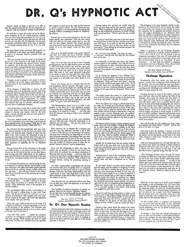 Dr. Q's Hypnotic Act | PDF | Hypnosis | Magic (Illusion)