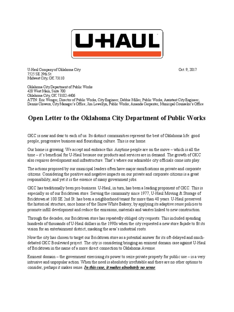 U-Haul Open Letter to OKC Dept of Public Works | Public Works ...