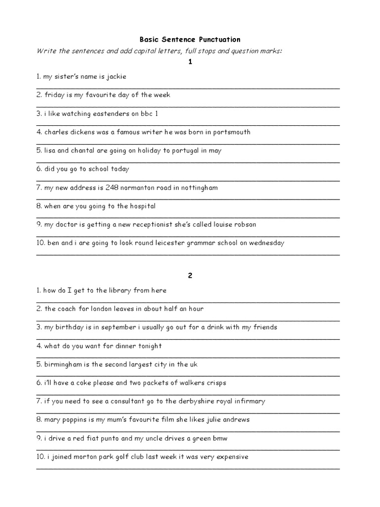 Write The Sentences and Add Capital Letters, Full Stops and Question ...
