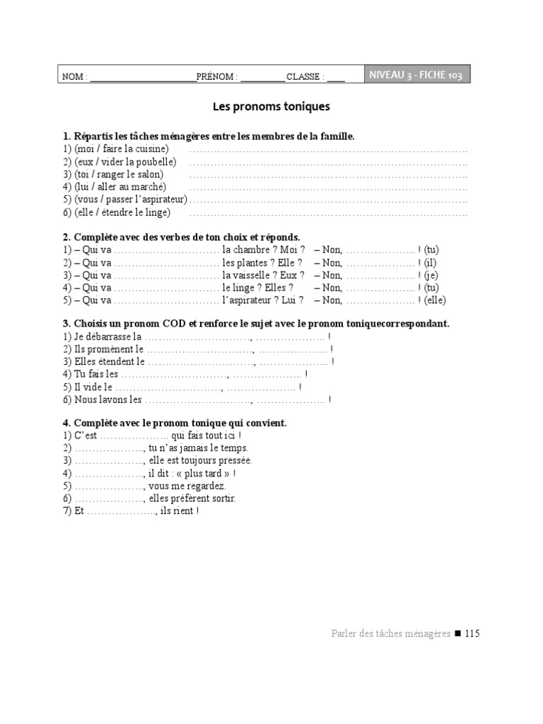 Fiche103 - Pronoms Toniques | PDF | Études des langues étrangères ...