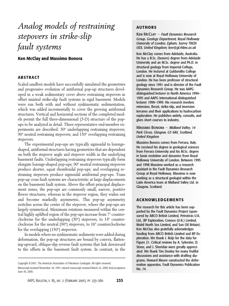 Analog Models of Restraining Stepovers in Strike-Slip Fault Systems ...