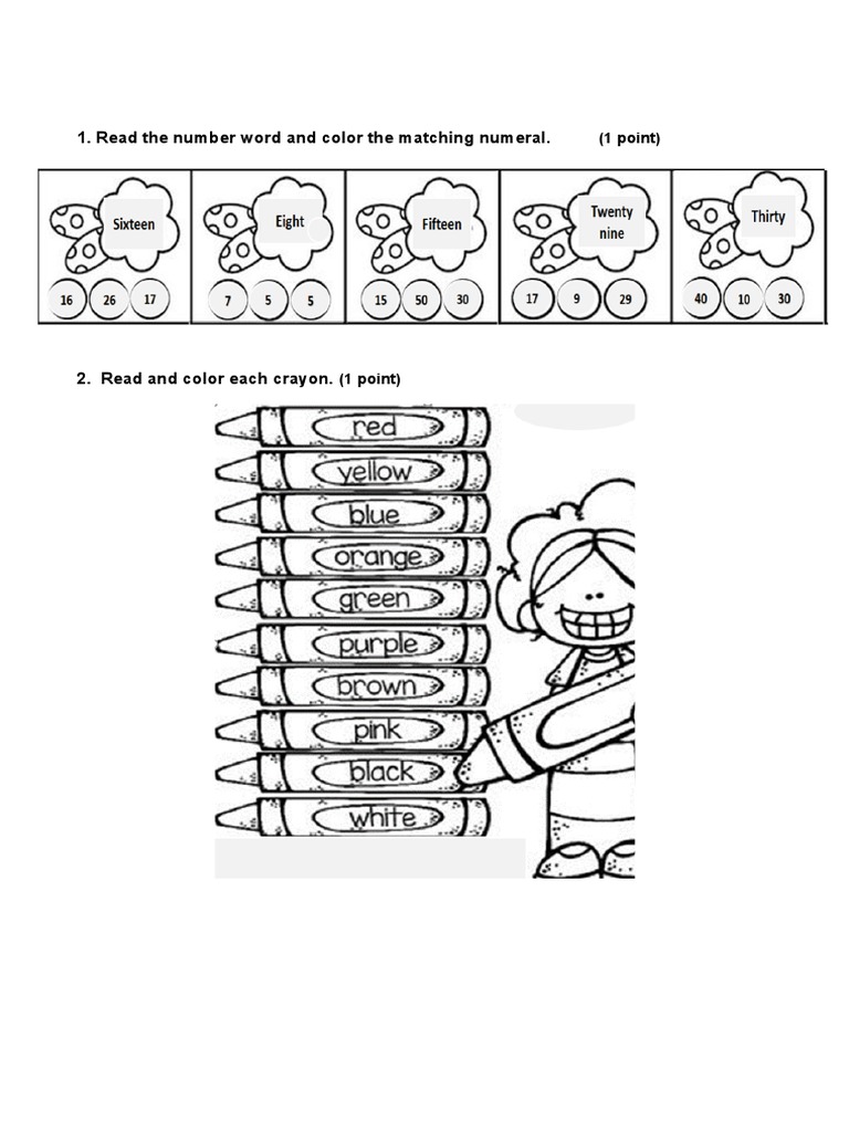 Read The Number Word and Color The Matching Numeral: - (1 Point) | PDF ...