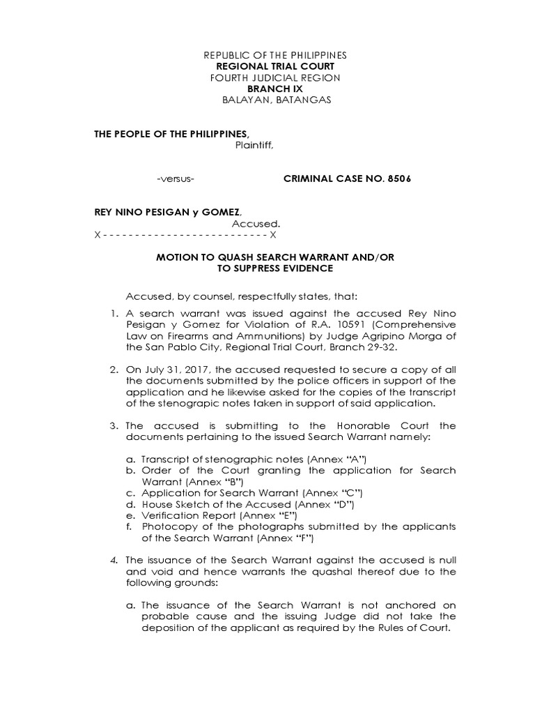 Motion To Quash | PDF | Search And Seizure | Search Warrant