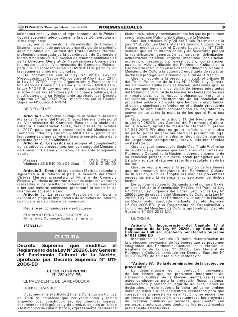 DECRETO SUPREMO #007-2017-MC. Decreto Supremo Que Modifica El Reglamento de La Ley #28296, Ley ...