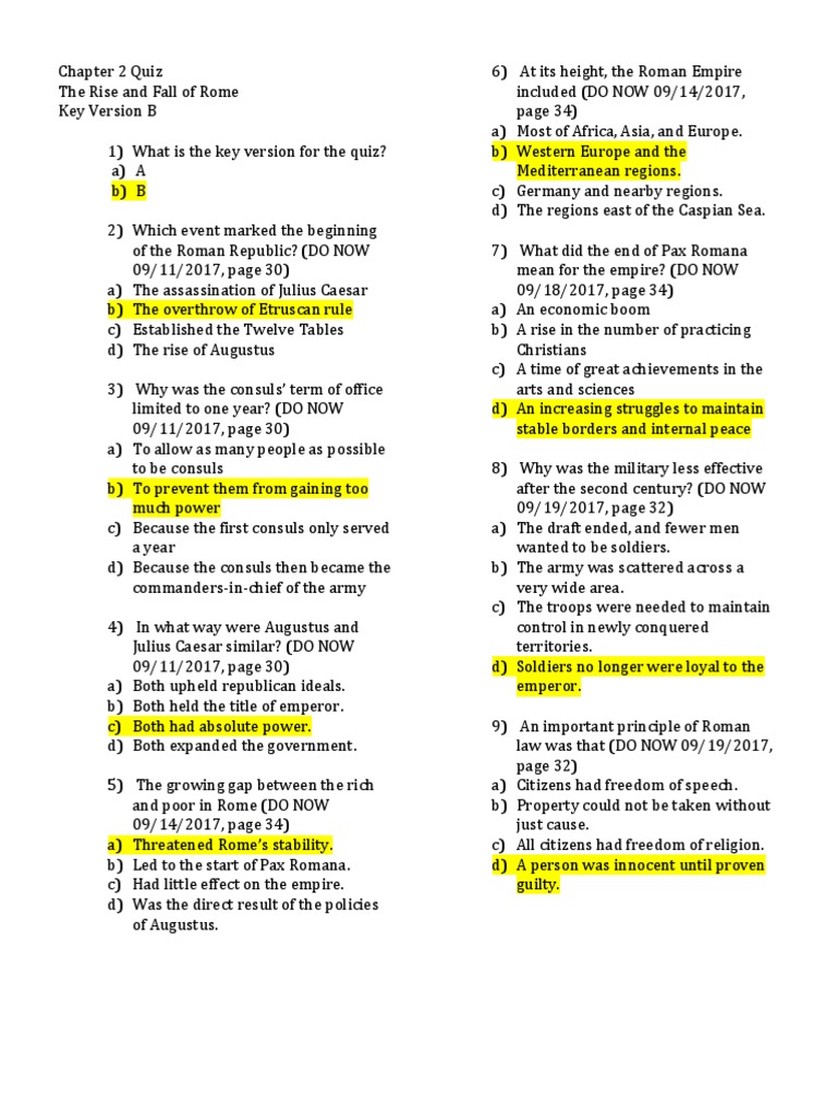 World History Chapter 2 Quiz Corrections B | PDF | Ancient Rome ...