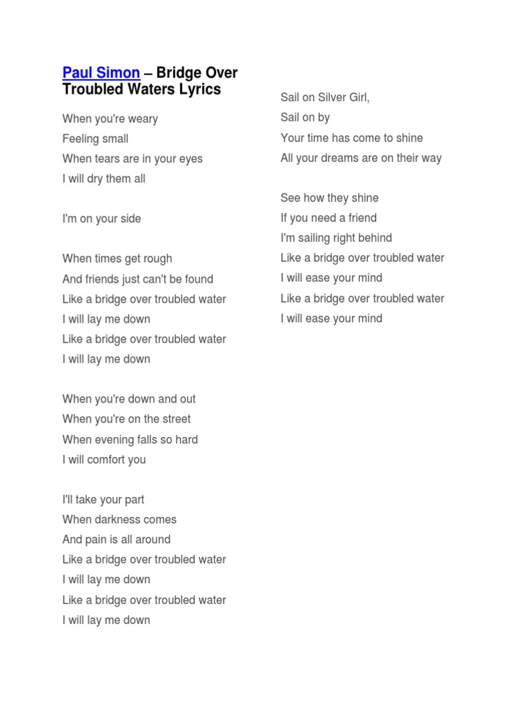 Paul Simon: - Bridge Over Troubled Waters Lyrics | PDF