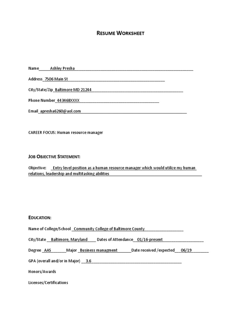Resume Worksheet | PDF | Grammar | Linguistics
