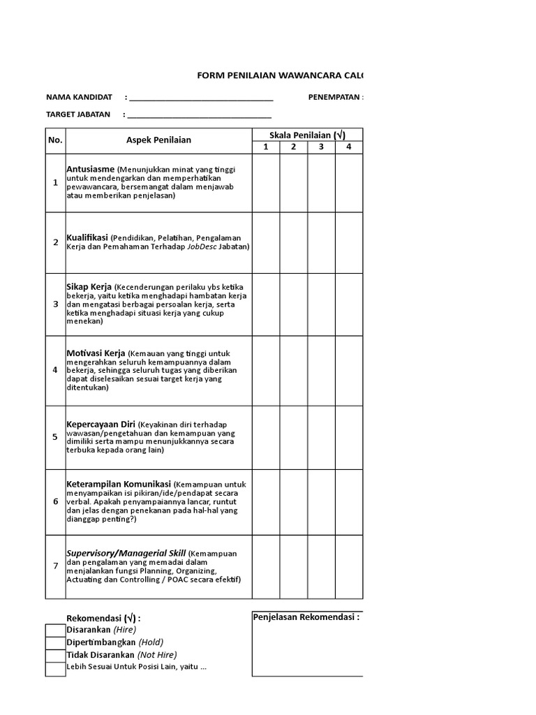 Form Penilaian Wawancara Karyawan | PDF