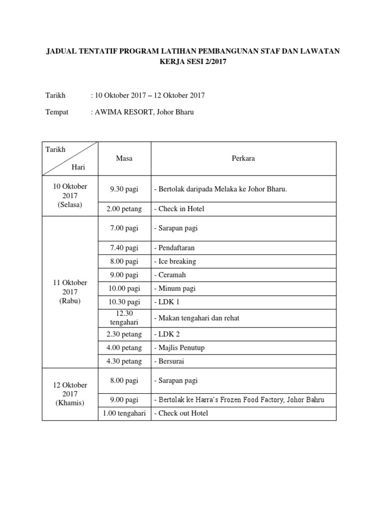 Jadual Tentatif Program Latihan Pembangunan Staf Dan Lawatan Kerja Sesi ...