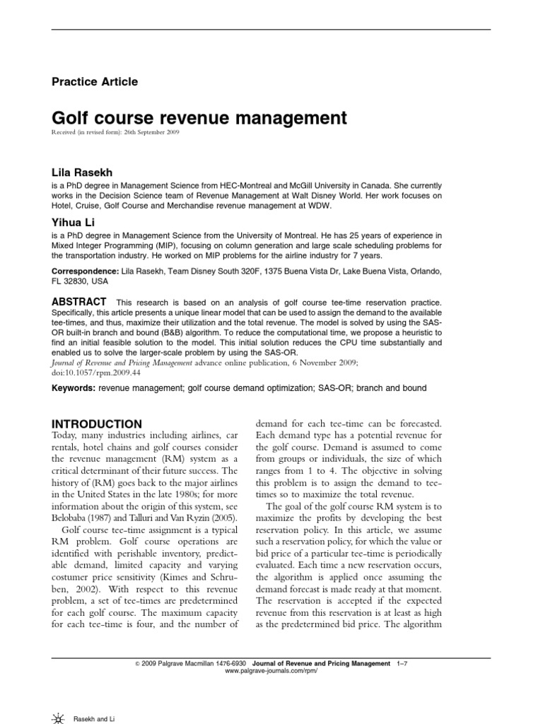Optimizing Golf Course Revenue Management | PDF | Linear Programming ...