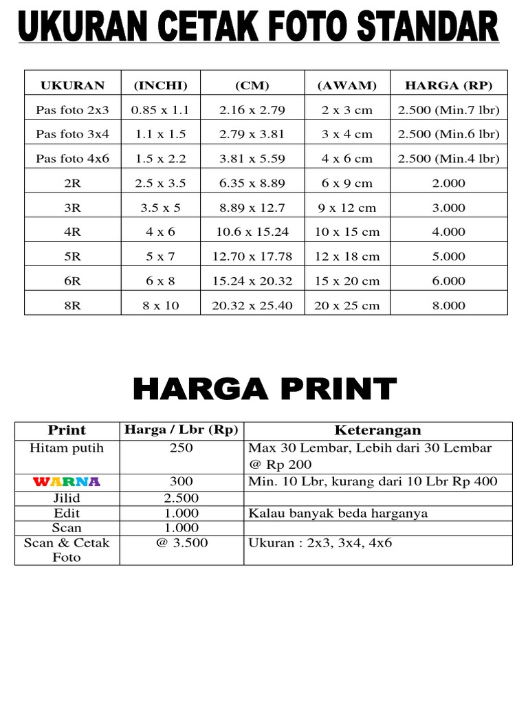 Ukuran Cetak Foto Standar | PDF | Griya & Taman