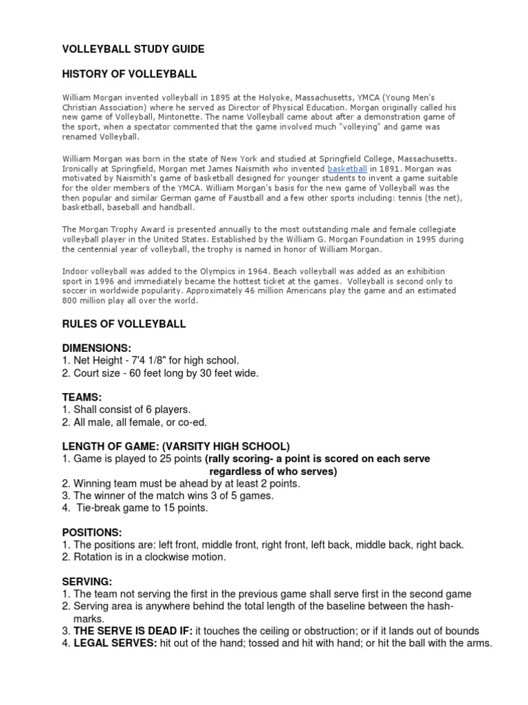 Volleyball Study Guide History of Volleyball: Basketball | PDF | Sports ...