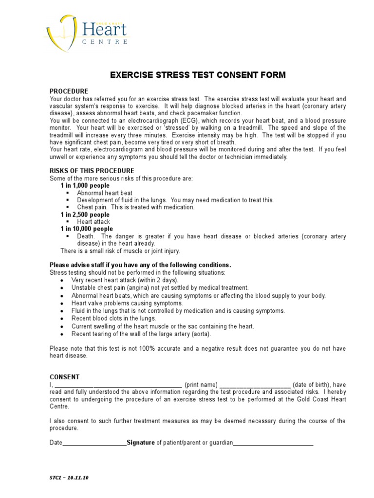 Exercise Stress Test Consent Form | PDF | Heart | Coronary Artery Disease