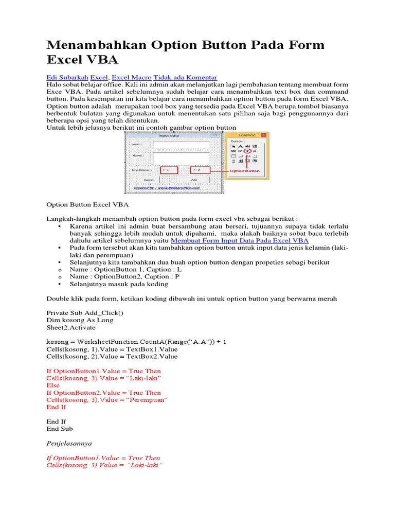 Menambahkan Option Button di Excel VBA | PDF