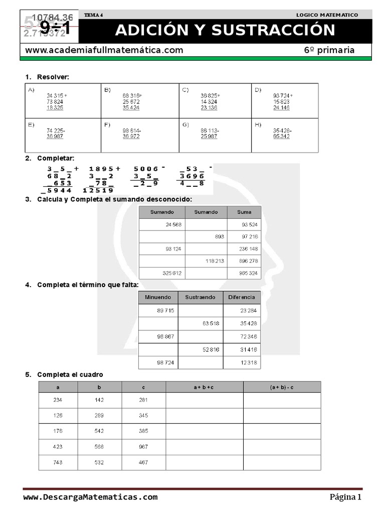 04 Adición y Sustracción Sexto de Primaria | PDF