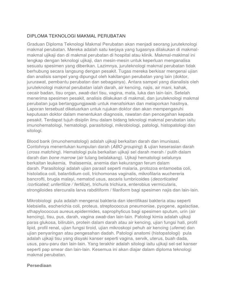 Diploma Teknologi Makmal Perubatan | PDF