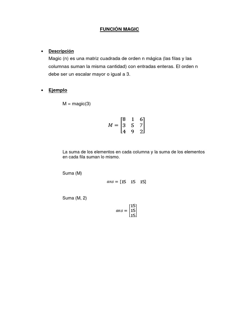 Función Magic MATLAB | PDF | Métodos y materiales de enseñanza ...