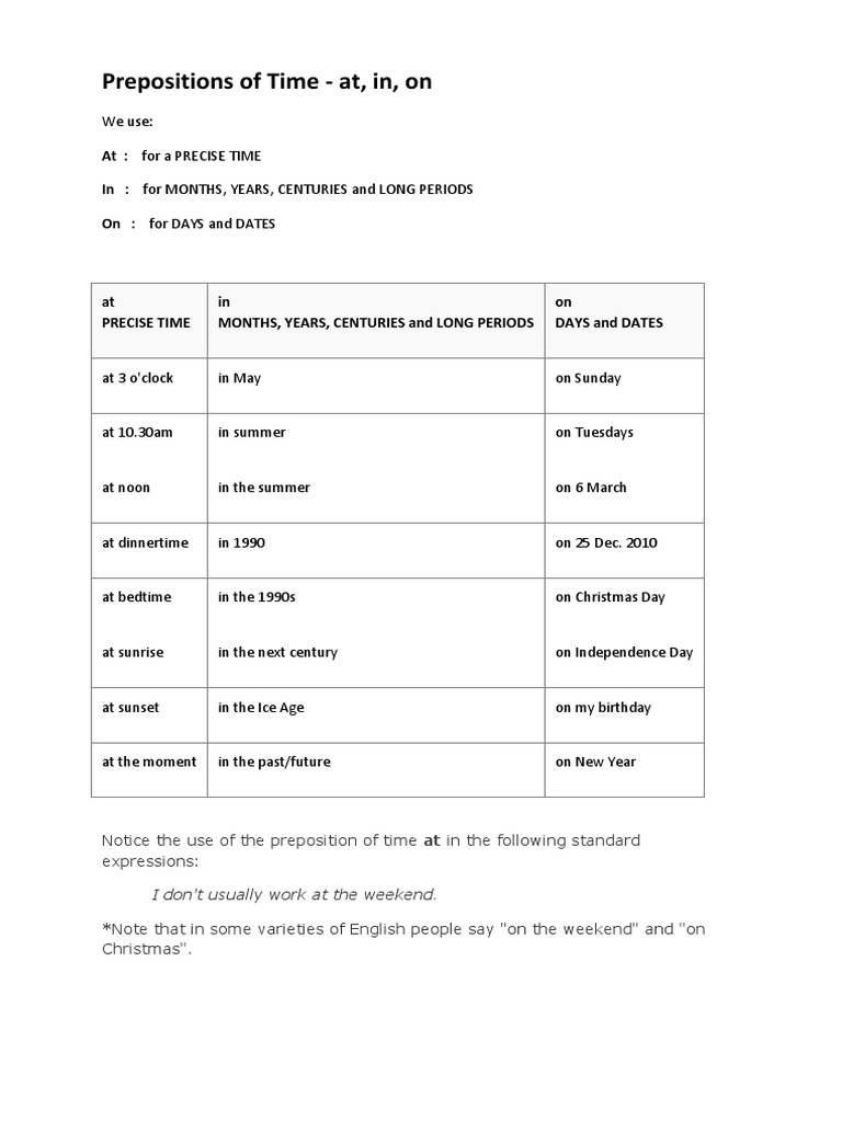 Prepositions of Time - At, In, On | PDF