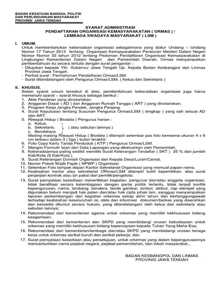 Syarat Dan Formulir Pendaftaran Ormas | PDF