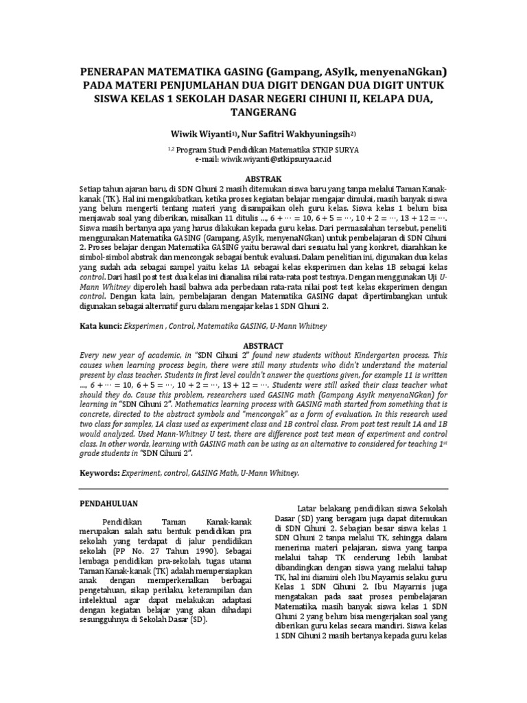 Pembelajaran Matematika GASING Kelas 1 | PDF