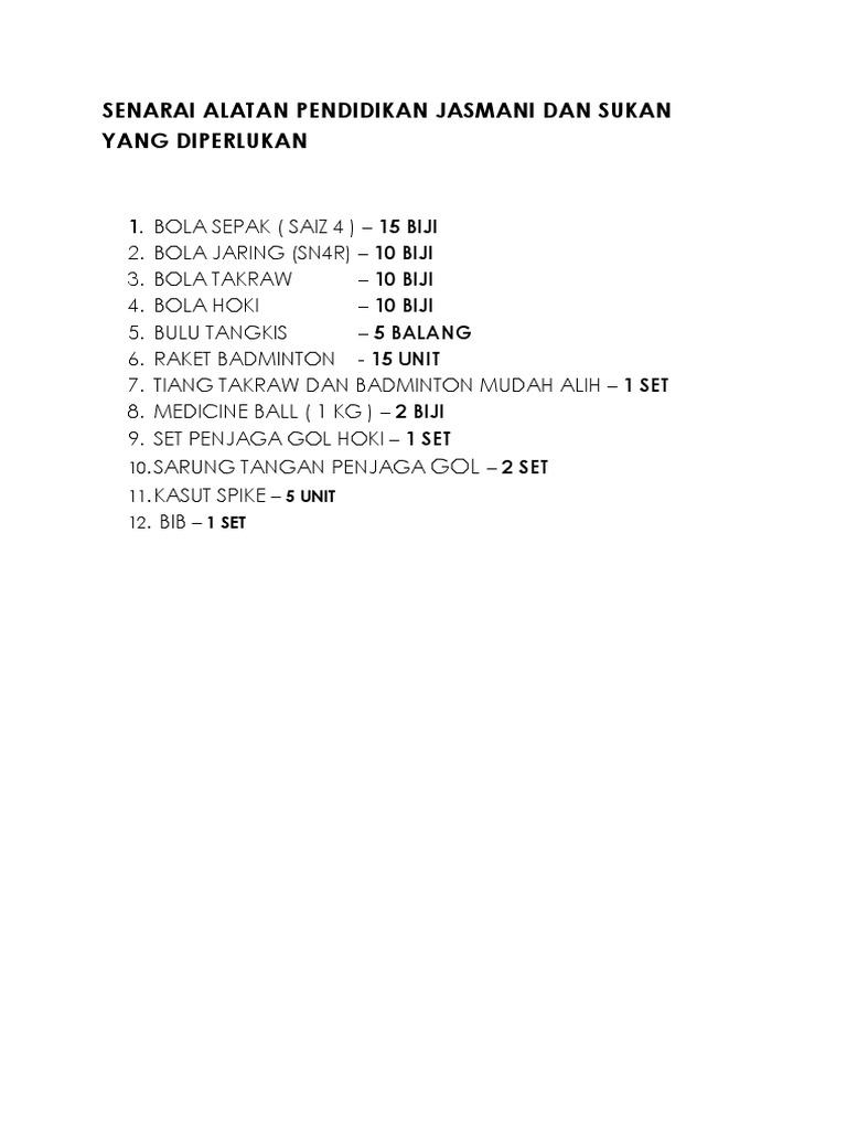 Senarai Alatan Pendidikan Jasmani Dan Sukan Yang Diperlukan | PDF