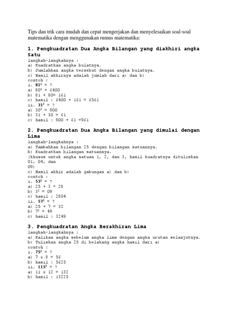 Rumus Rumus Dasar Perhitungan Cepat Matematika Terbaru 2016 | PDF