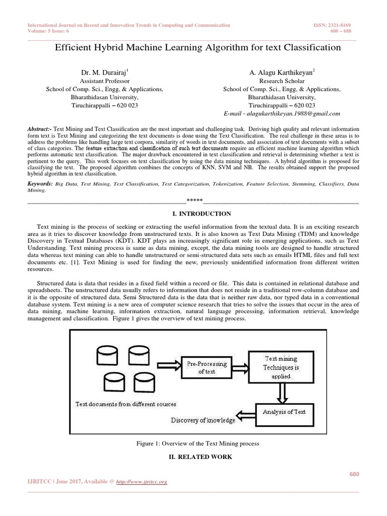 Efficient Hybrid Machine Learning Algorithm For Text Classification Pdf Information 