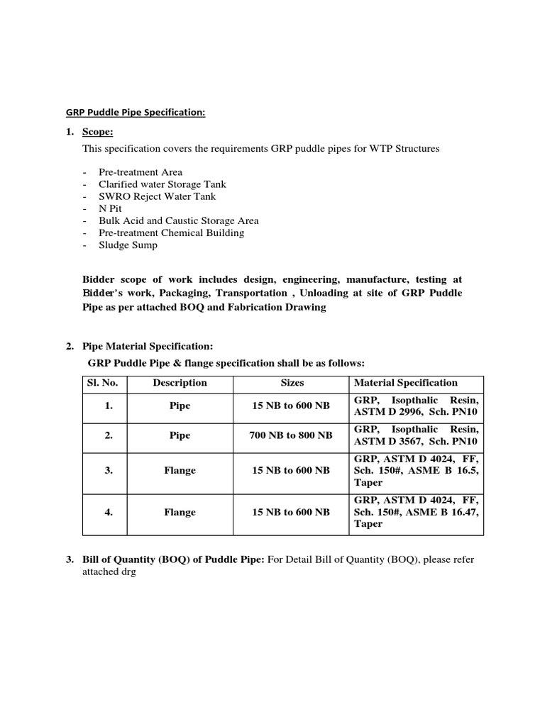 GRP Puddle Pipe Specification | PDF