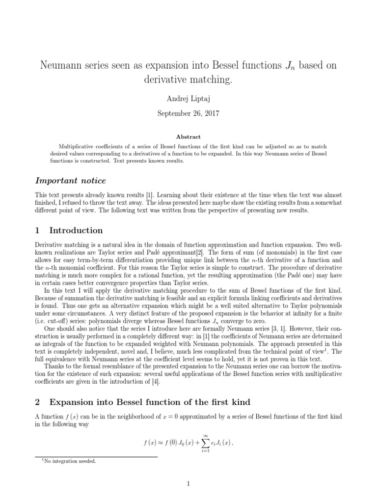 Neumann Series Seen As Expansion Into Bessel Functions $J - (N) $ Based ...