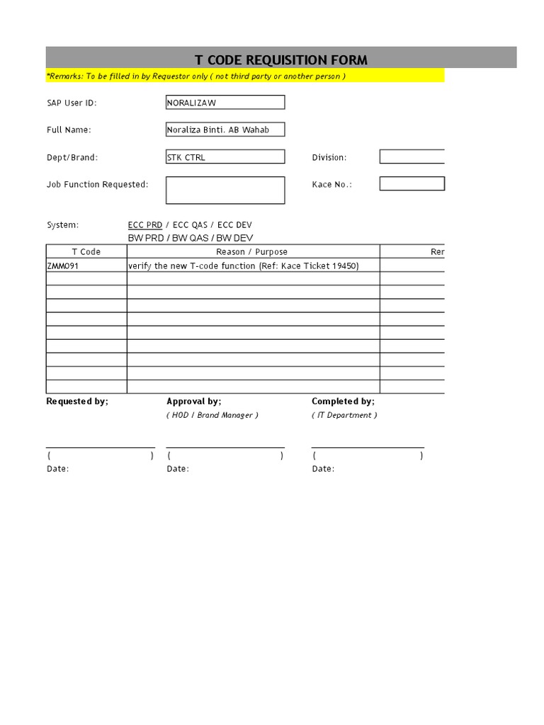 T Code Requisition Form Template | PDF | Sap Se