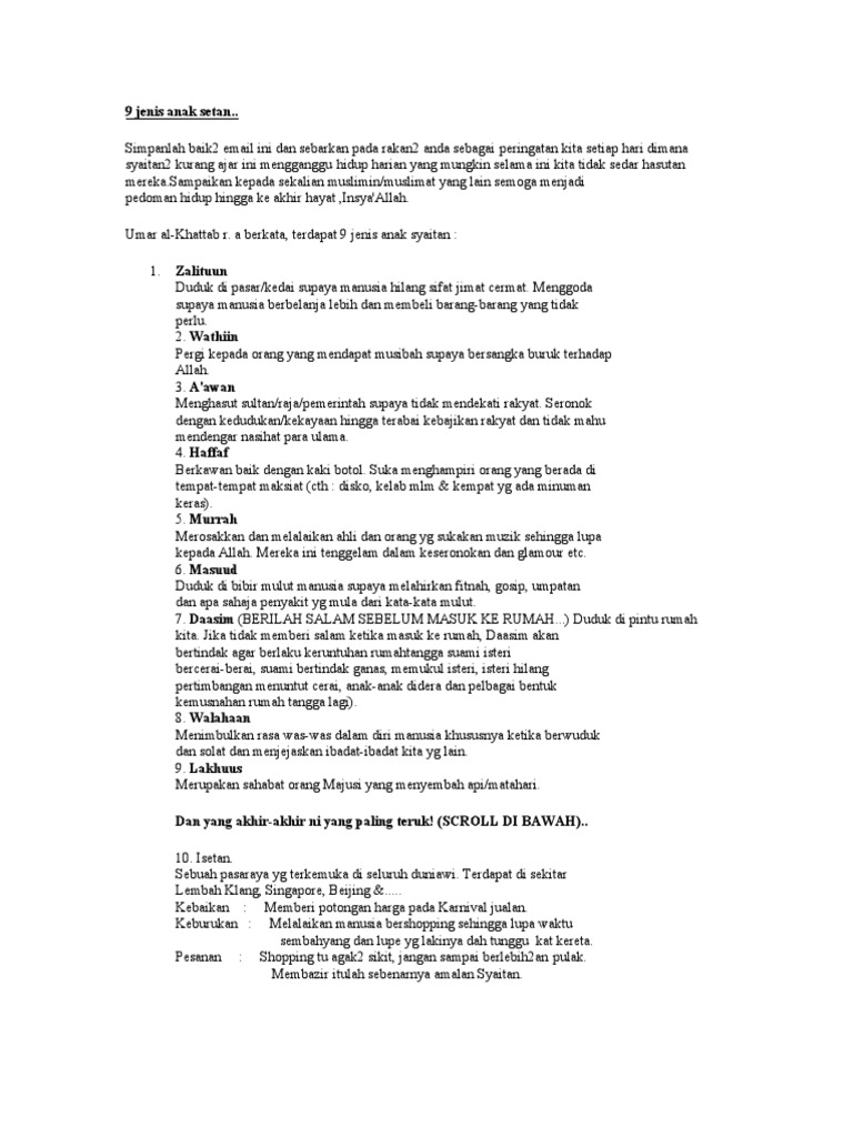 9 Jenis Anak Setan | PDF | Agama & Spiritualitas | Gaya Hidup