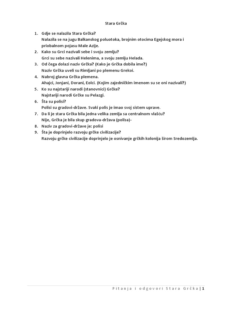 Pitanja I Odgovori Za Lekcije Stara Grcka | PDF