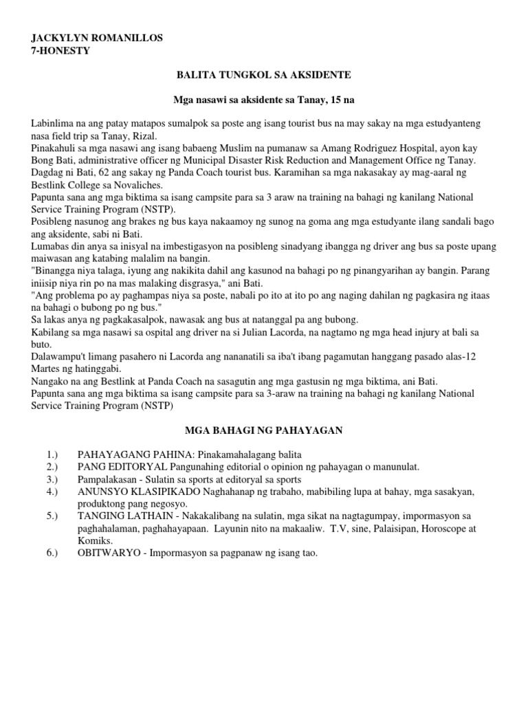 Balita Tungkol Sa Aksidente - Jackylyn | PDF