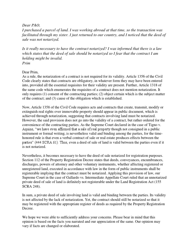 Unnotarized Deed of Sale Vis A Vis Land Registration | PDF | Deed ...