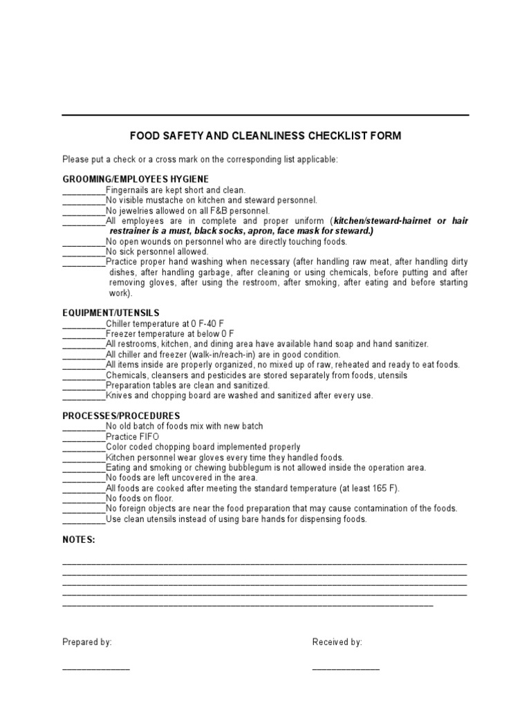 Food Safety and Cleanliness Checklist Form | Kitchen Utensil | Foods