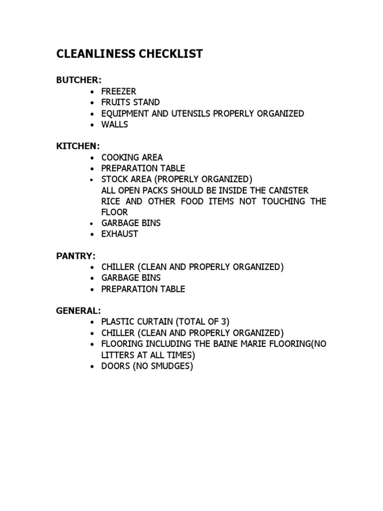 Cleanliness Checklist | PDF