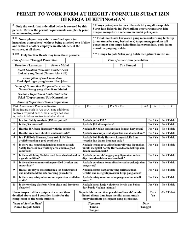 Surat Ijin Bekerja Di Ketinggian PDF | PDF