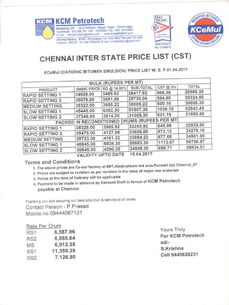 01.04.2017 KCM Price List (MDS CST) | PDF