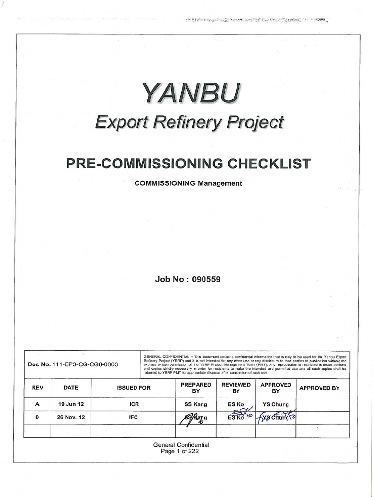 Yanbu Refinery Pre-Commissioning Checklist | PDF | Pump | Specification ...