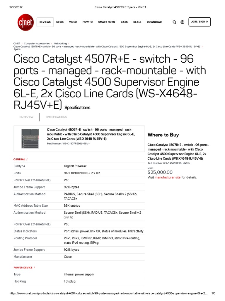 Cisco Catalyst 4507R+E Specs - CNET | PDF | Network Switch | Ethernet