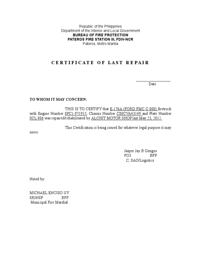Certificate of Last Repair 176A | PDF
